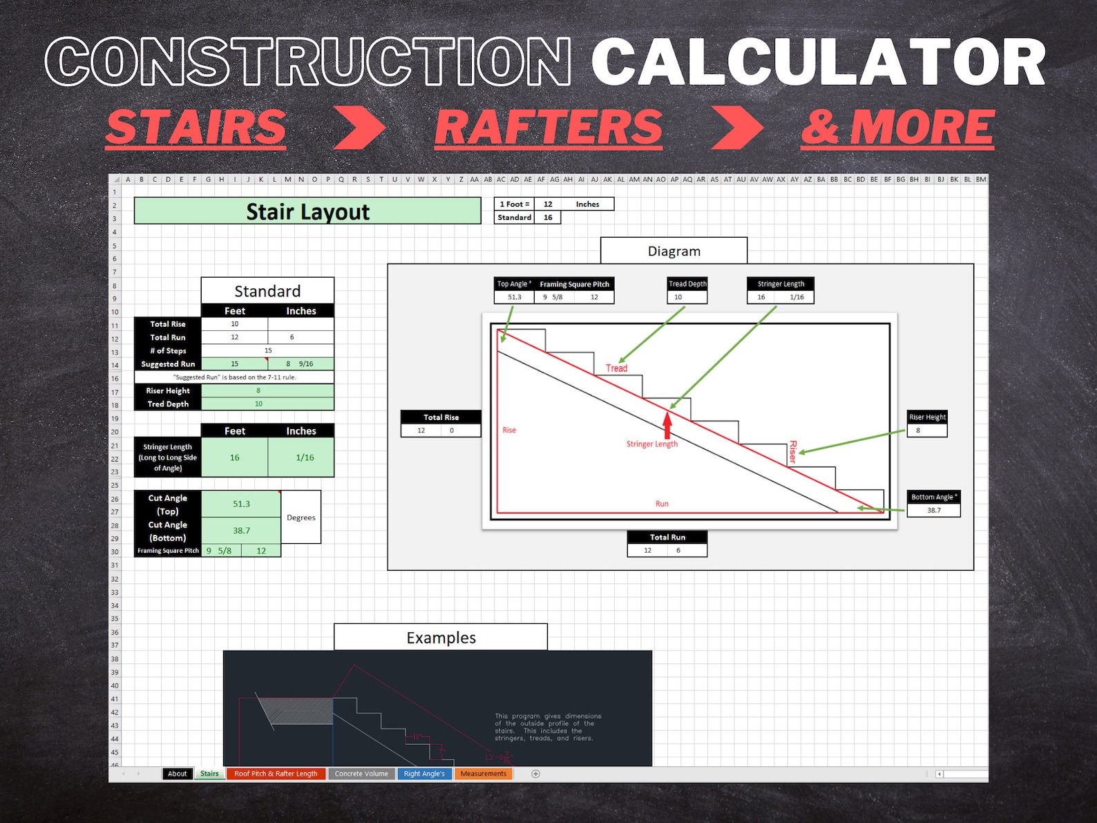 Construction Calculator: Stair Stringer Layout, Rafter Layout, Concrete ...
