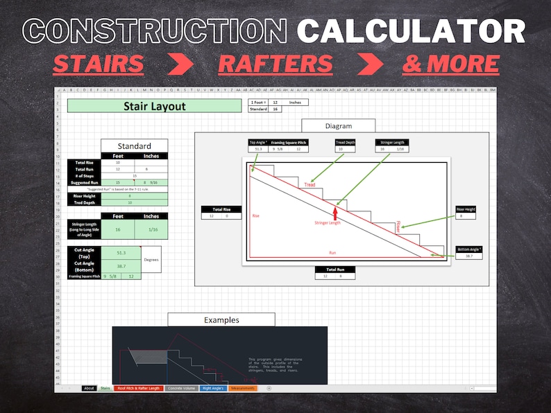 Construction Calculator: Stair Stringer Layout, Rafter Layout, Concrete ...