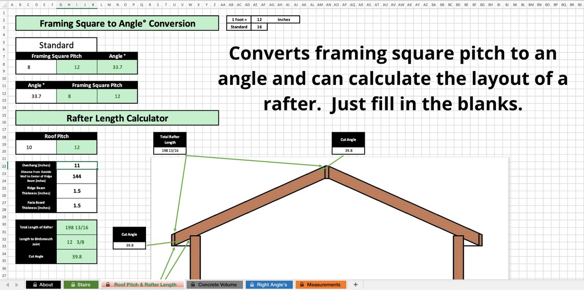 Construction Calculator: Stair Stringer Layout, Rafter Layout, Concrete ...