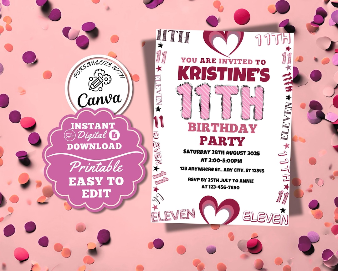 Pink 11th Birthday Invitation Template: Editable Girl's Invite (digital ...