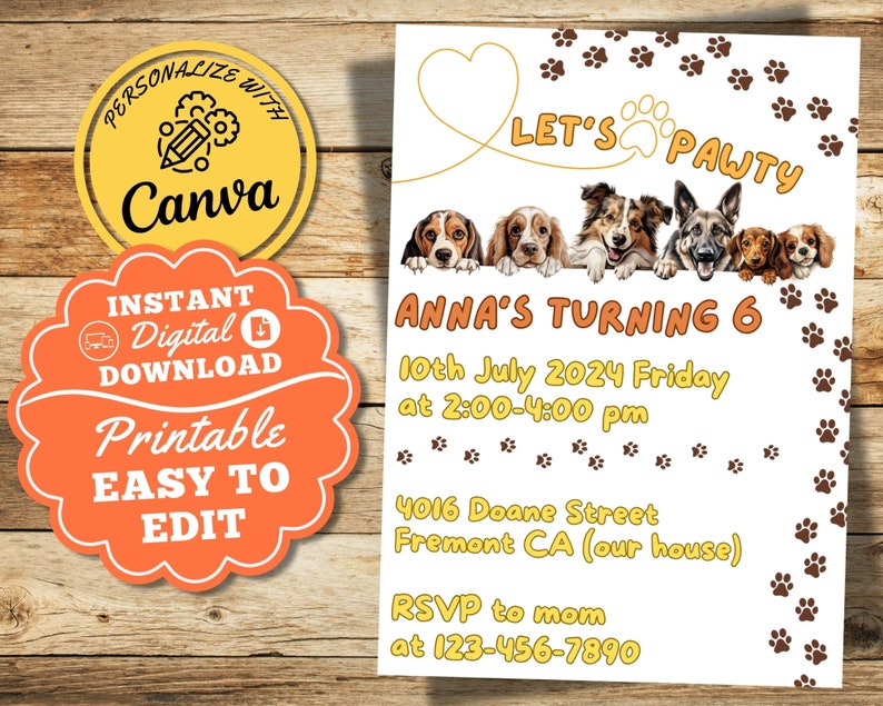 Cute Dogs Party Invitation Lets Pawty Birthday Invite Editable Puppy ...