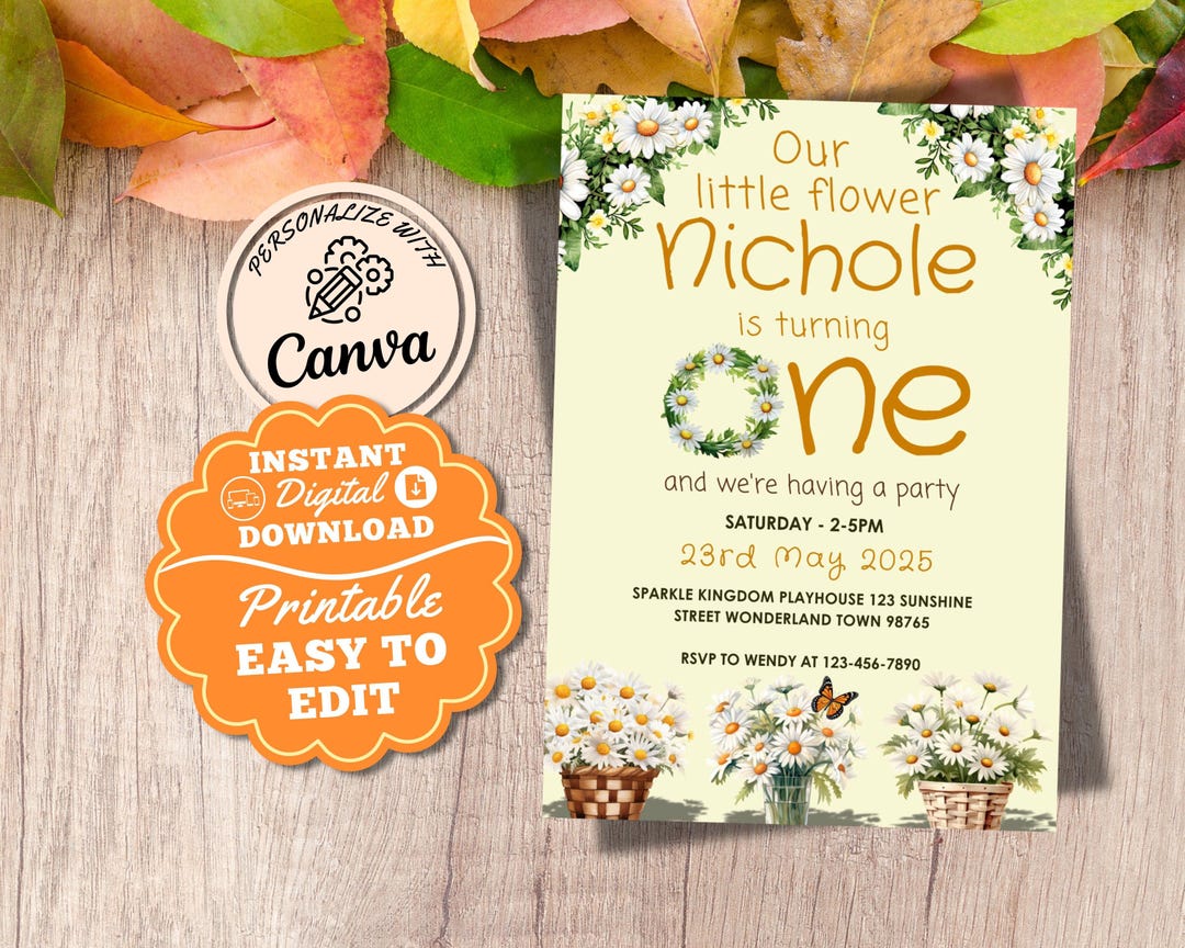Editable Daisy First Birthday Party Invitation Daisy 1st Watercolor ...