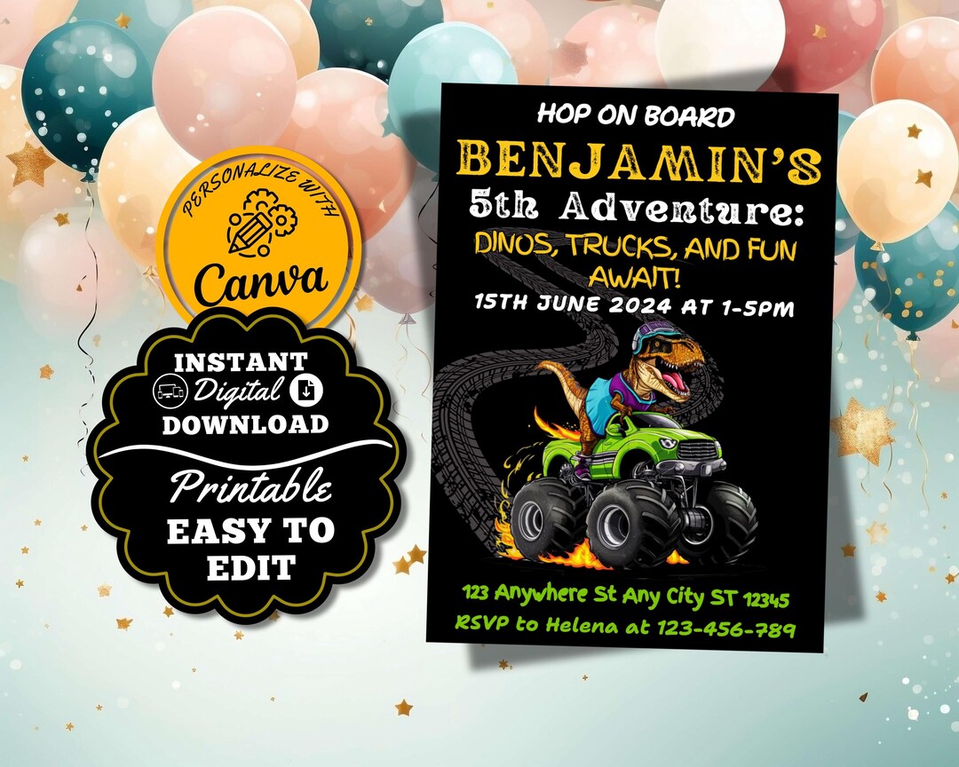 Monster Truck Dino Trex Birthday Party Invitation for Boys Editable Dinosaur 5th Birthday Gift ...