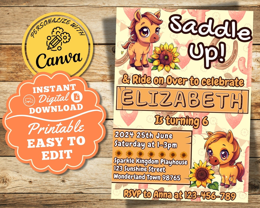 Saddle up Riding on Over Pony Beige Horse Rider Girl Birthday Invite ...