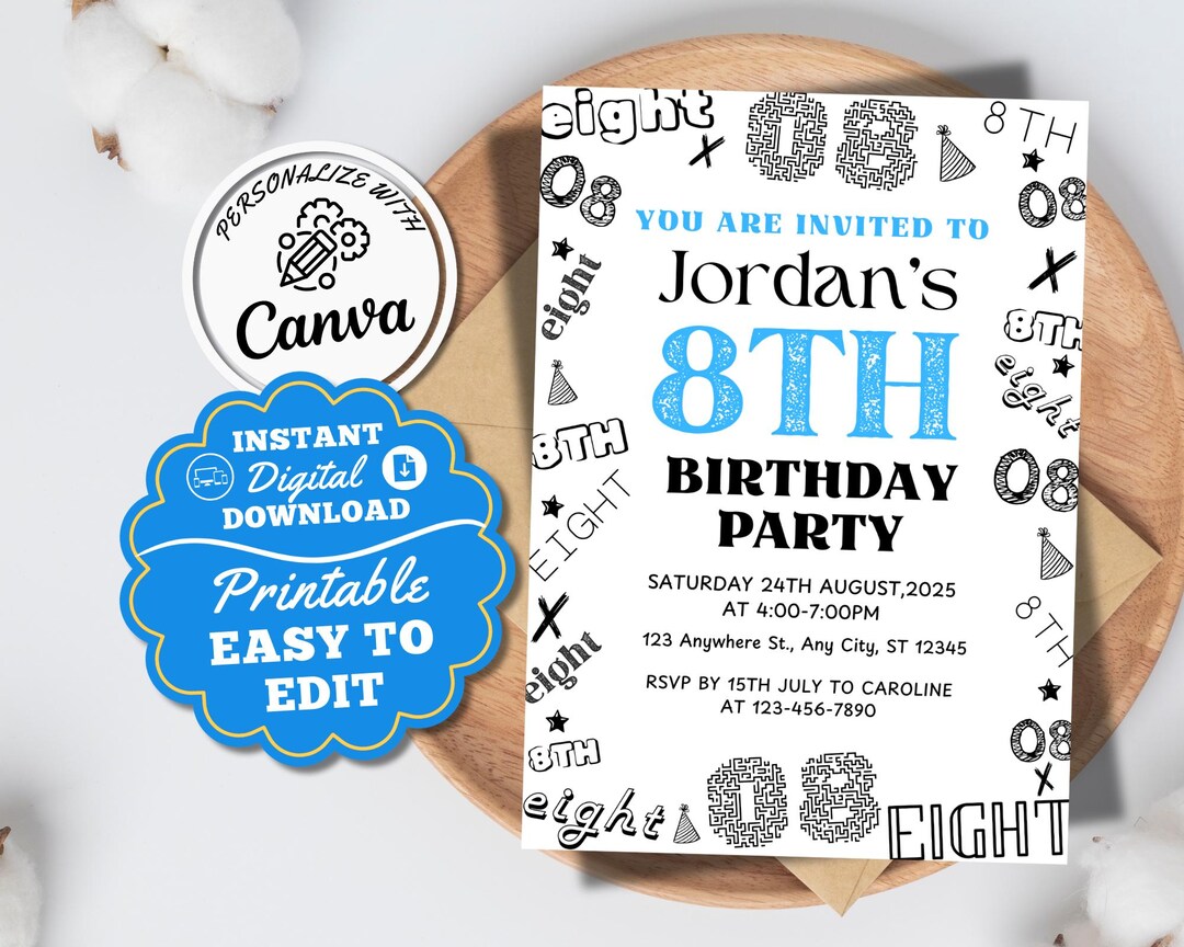 8th Birthday Invitation Boy Birthday Invitation Eight Birthday Card ...