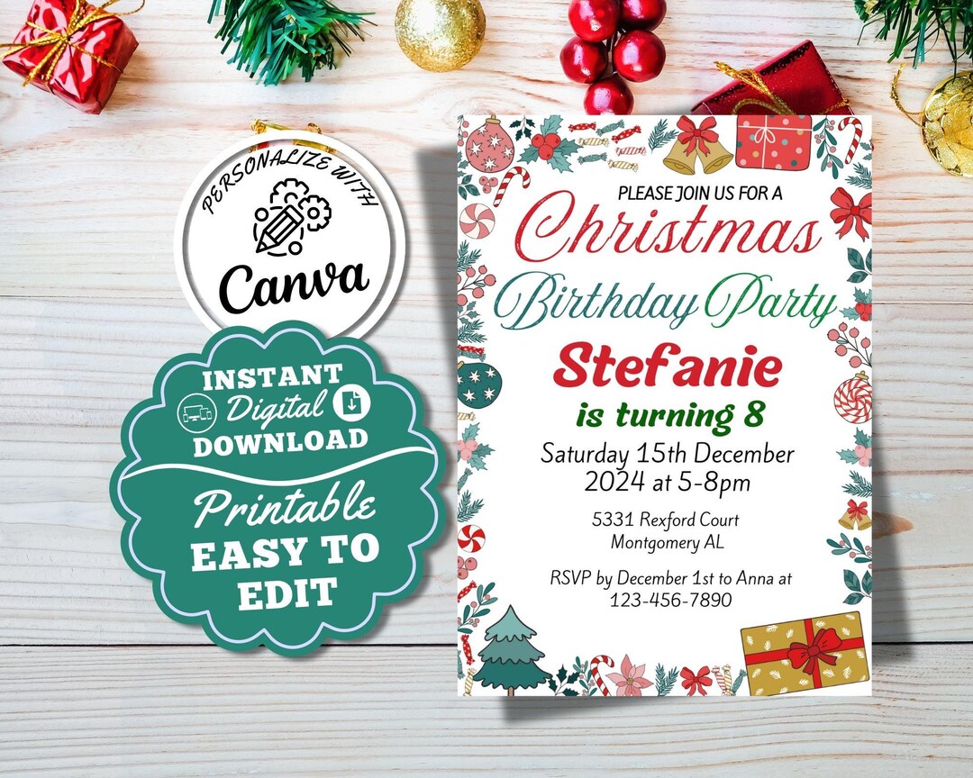Editable Christmas Birthday Party Invitation Christmas Birthday Party ...