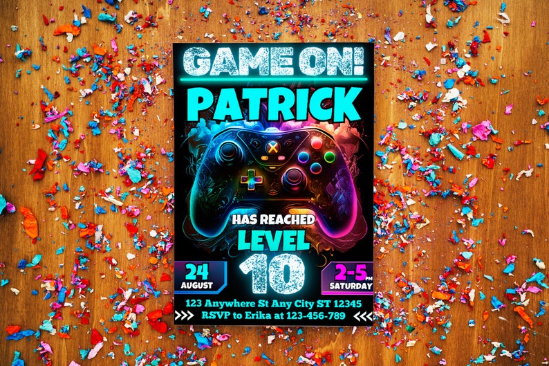Video Game Party Invitation Editable Gaming Neon Blue Birthday ...