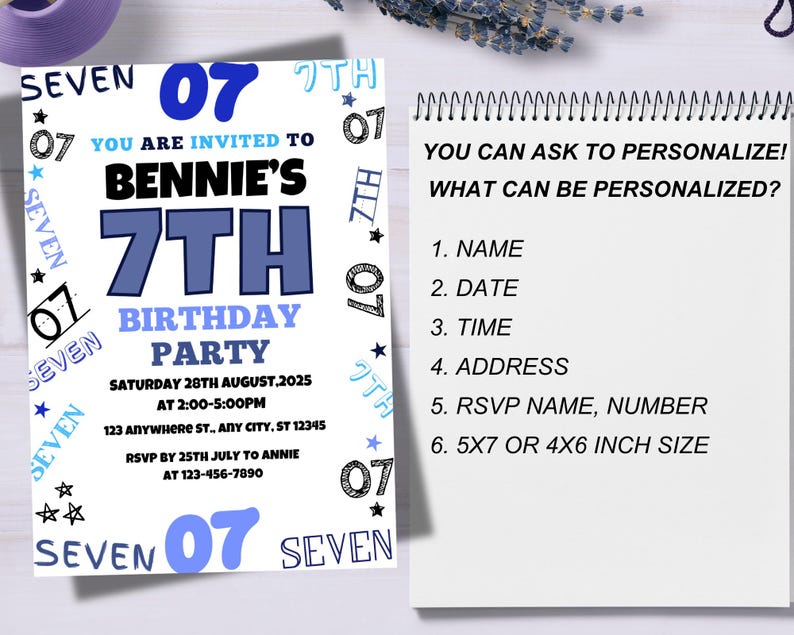 7th Birthday Invitation Boy Birthday Invitation Seventh Birthday Card ...