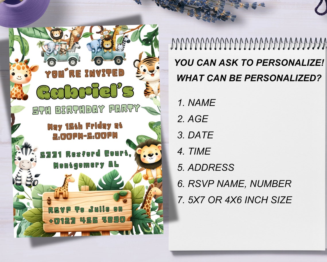 Safari Birthday Party Invitation Jungle Animals Birthday Invitation ...