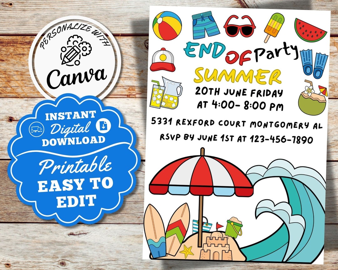 End of Summer Party Invitation Goodbye Summer Card Summers Out Sun ...