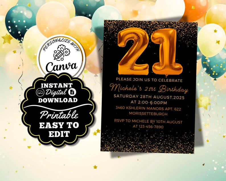 Editable 21st Birthday Invitation: Orange Glitter Balloon Design ...