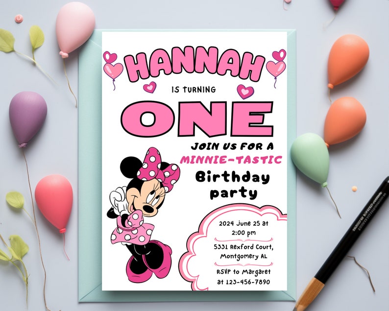 Pink Minnie Mouse Birthday Invitation Editable Girls First Birthday ...