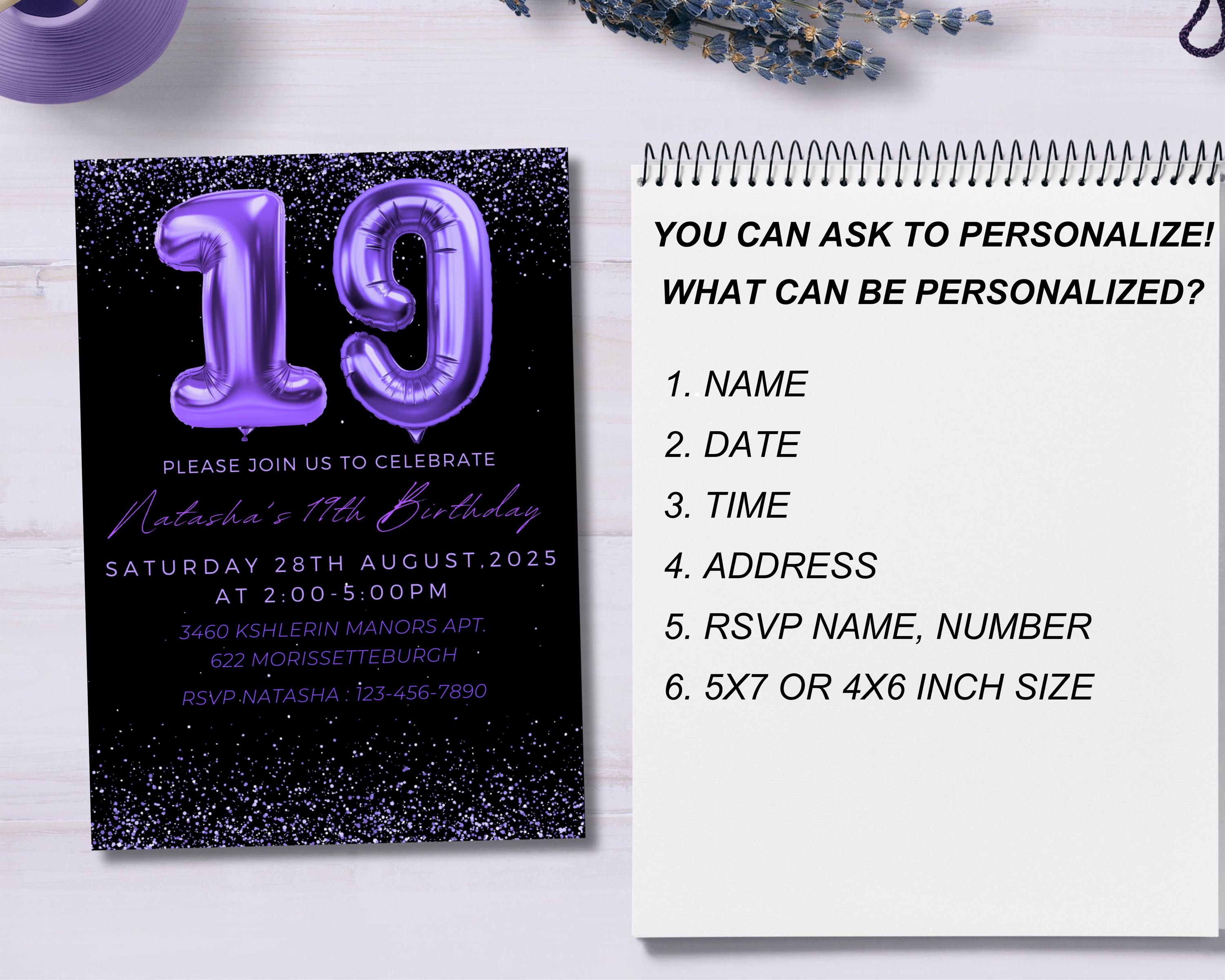Editable 19th Birthday Invitation: Purple Glitter Balloon Glam ...