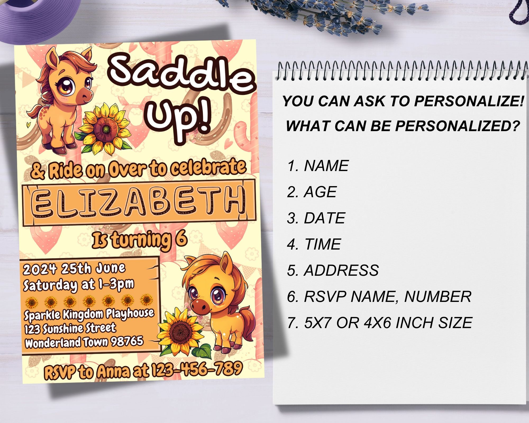 Saddle up Riding on Over Pony Beige Horse Rider Girl Birthday Invite ...