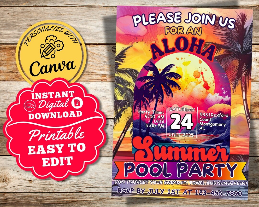 Aloha Summer Pool Party Invitation Hawaiian Birthday Invite Tropical ...