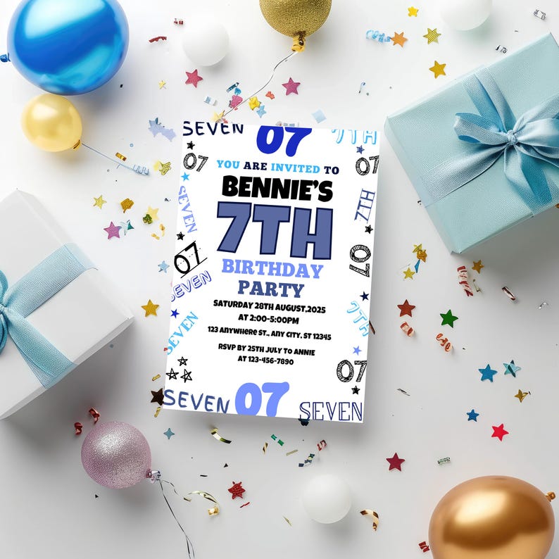 7th Birthday Invitation Boy Birthday Invitation Seventh Birthday Card ...