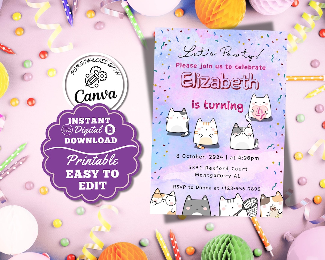 Cat Birthday Invitation Printable Kitten Cute Cat Lets Pawty Invite for ...