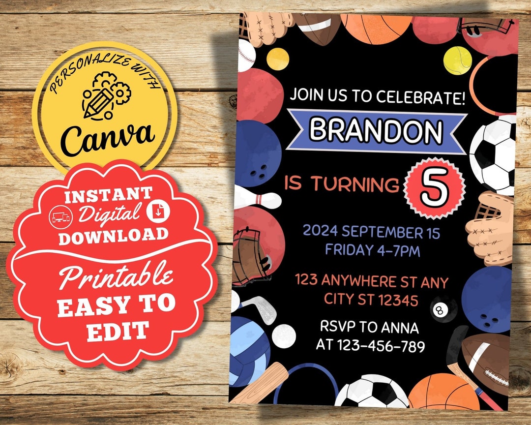 Editable All Sports Birthday Invitation Game Birthday Invite Soccer ...