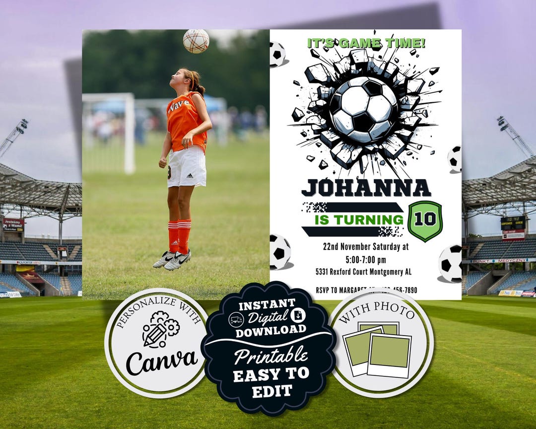 Soccer Party Birthday Invitation With Photo Editable Soccer Green ...