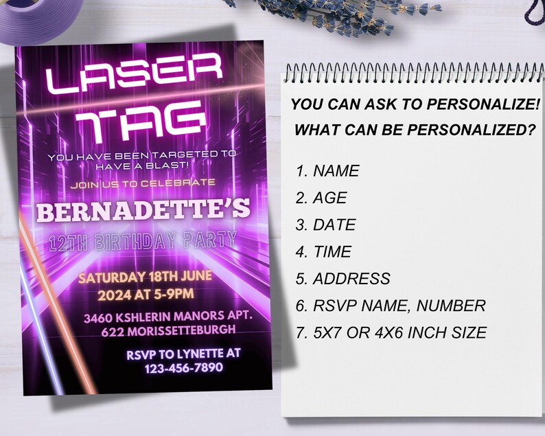Editable Laser Tag Birthday Invitation Neon Pink Purple Laser Tag Girl ...