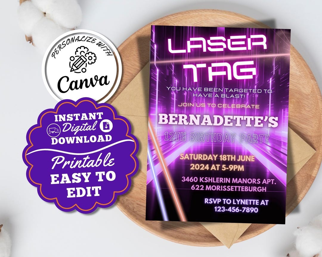 Editable Laser Tag Birthday Invitation Neon Pink Purple Laser Tag Girl ...