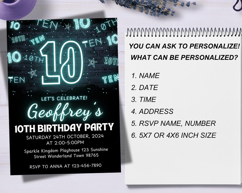 10th Birthday Invitation Neon Tenth Birthday Invitation Glowing 10 Boy ...