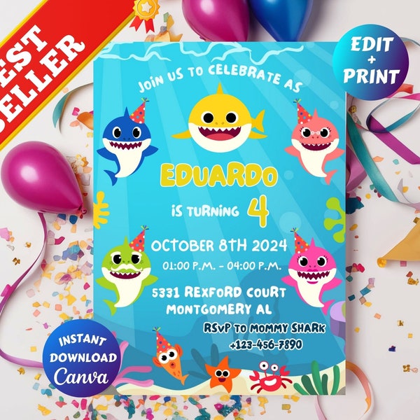 Baby Shark Invitations Editable Template - Etsy