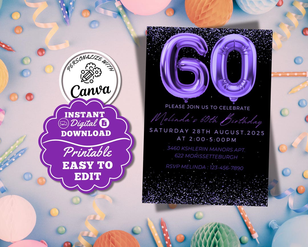 60th Birthday Invitation Purple and Black Glitter Invitation Purple ...