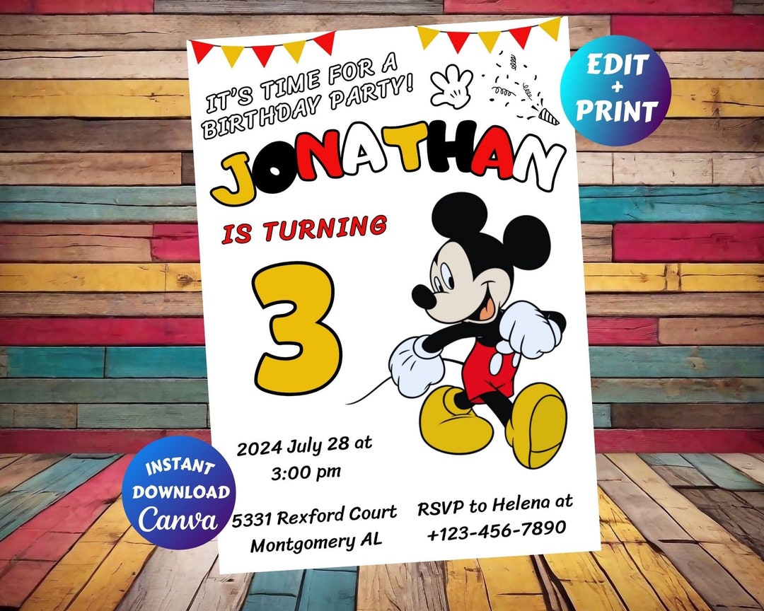 Editable Mickey Birthday Invitation Digital Kids Party Template Boys ...