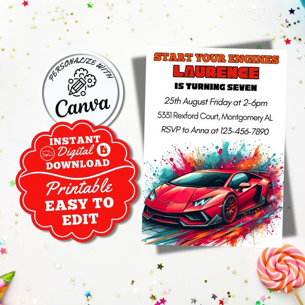 Lamborghini Birthday Invitation - Etsy