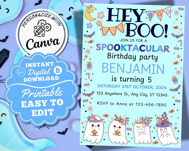 Editable Boy Hey Boo Halloween Birthday Invitation Cute Ghost Blue ...