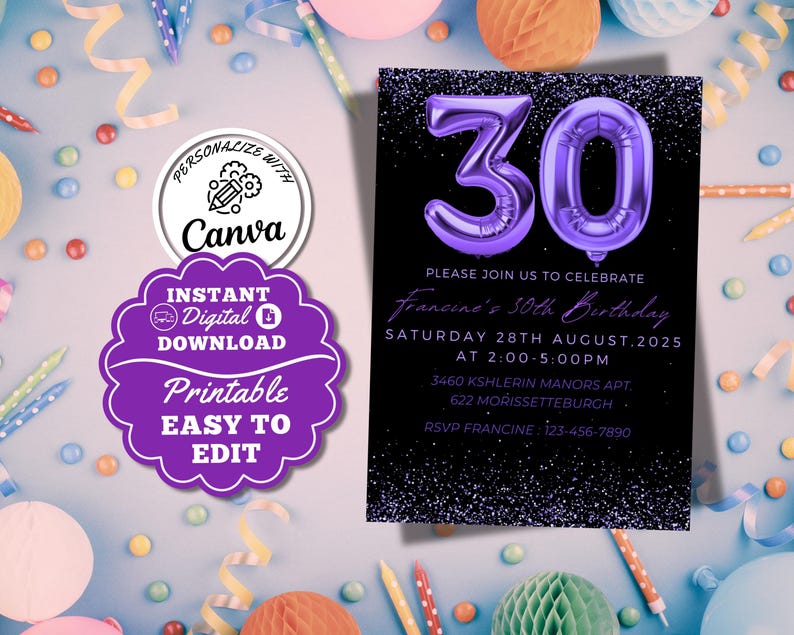 Editable 30th Birthday Invitation Purple and Black Glitter Invitation ...