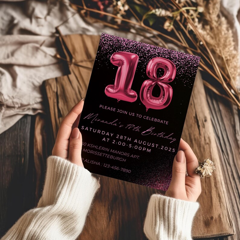 Editable 18th Birthday Invitation: Pink Glitter Balloon Glam (printable ...