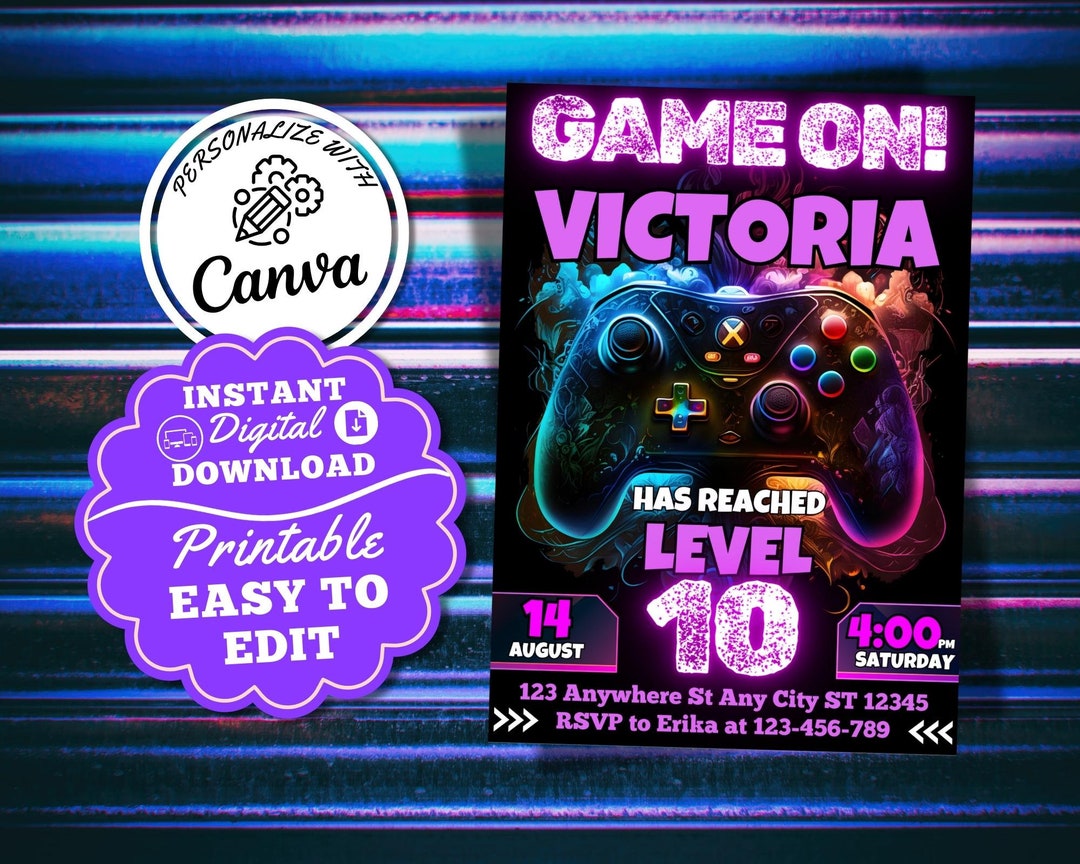Gamer Editable Video Game Birthday Invitation Gamer Girl Birthday Party ...