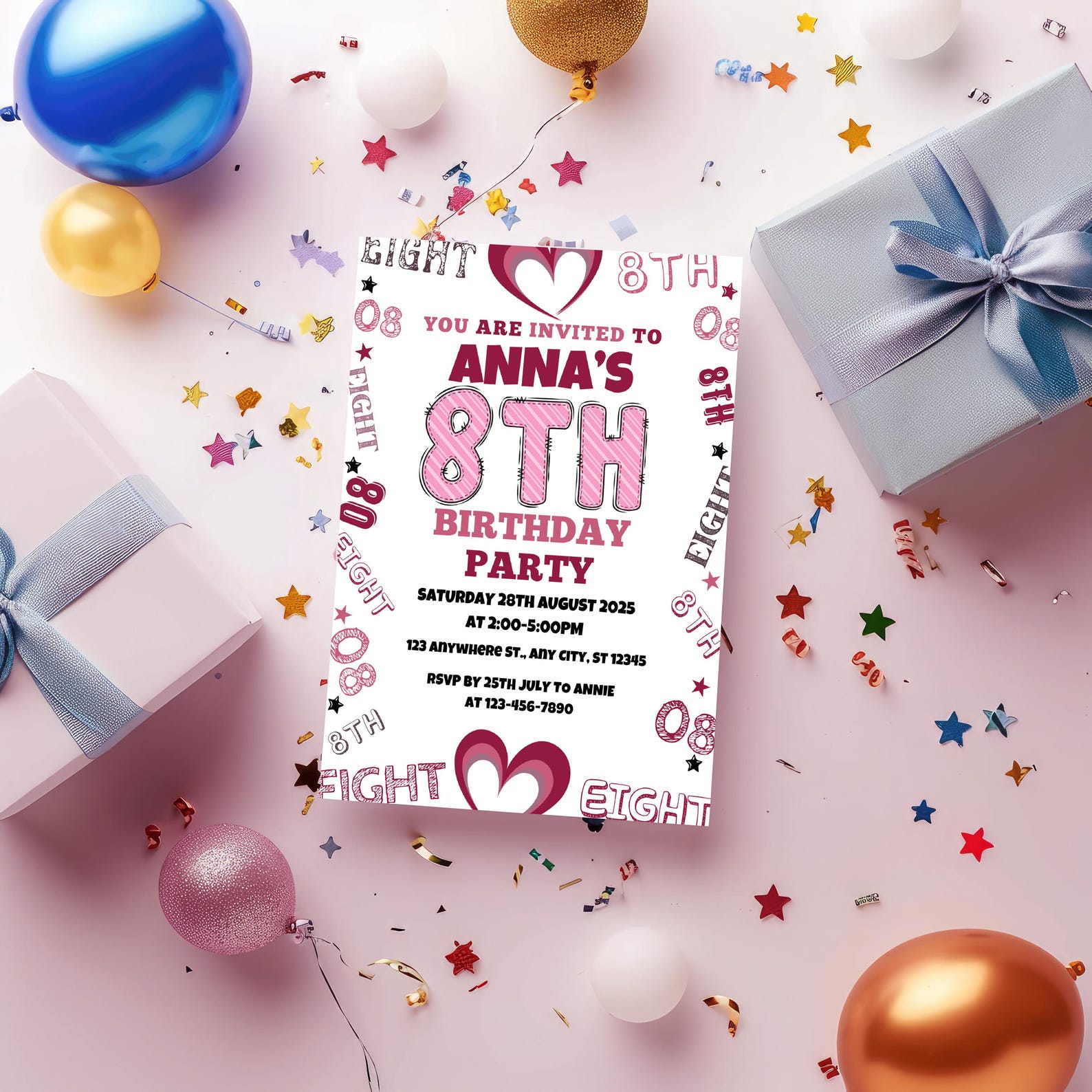 8th Birthday Invitation Girl Birthday Invitation Eight Birthday Card ...