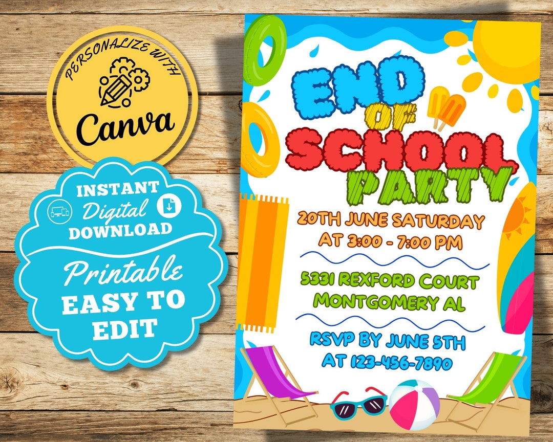 End of School Pool Party Invitation Summer Party Card Schools Out Beach ...