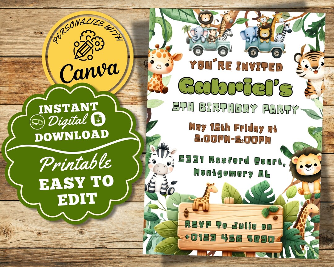 Safari Birthday Party Invitation Jungle Animals Birthday Invitation ...