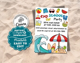 EDITABLE End of School Party Invitation, Hello Summer, Goodbye School’s ...