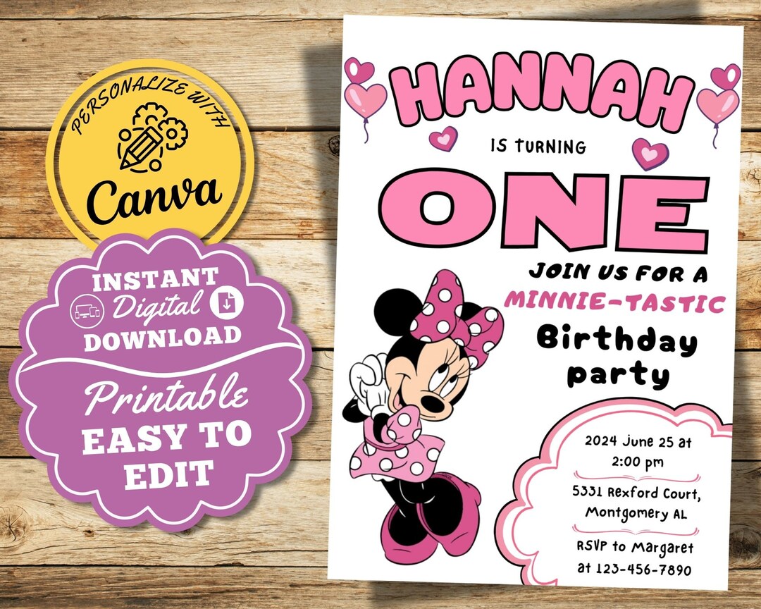 Pink Minnie Mouse Birthday Invitation Editable Girls First Birthday ...