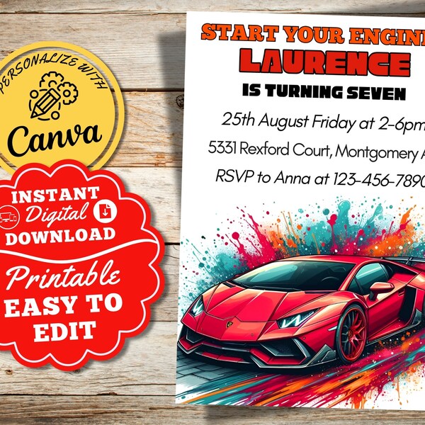 Lamborghini Birthday Invitation - Etsy