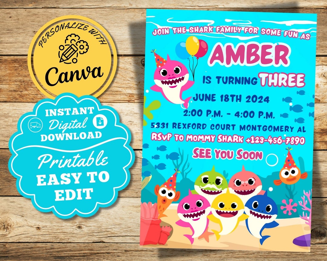 Girl Baby Shark Birthday Invite Editable Kids Invitation Template Join ...
