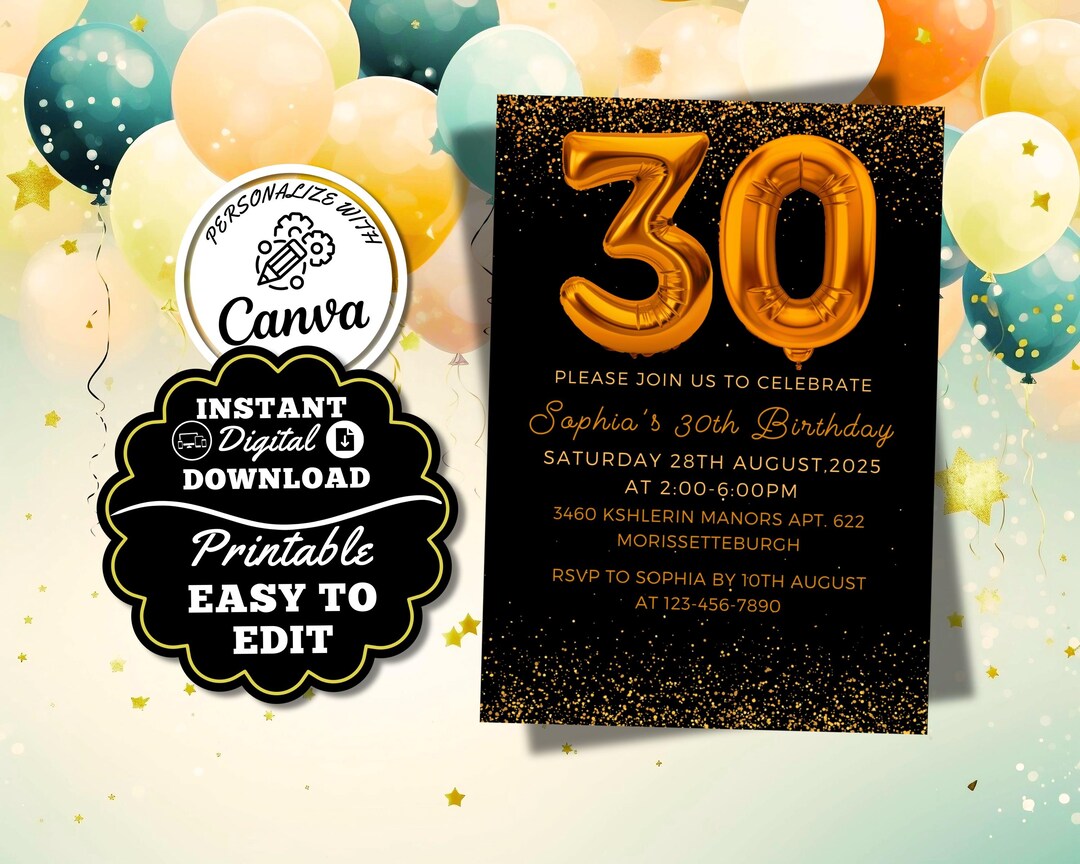 Editable 30th Birthday Invitation Orange Black Glitter Invitation 30th ...