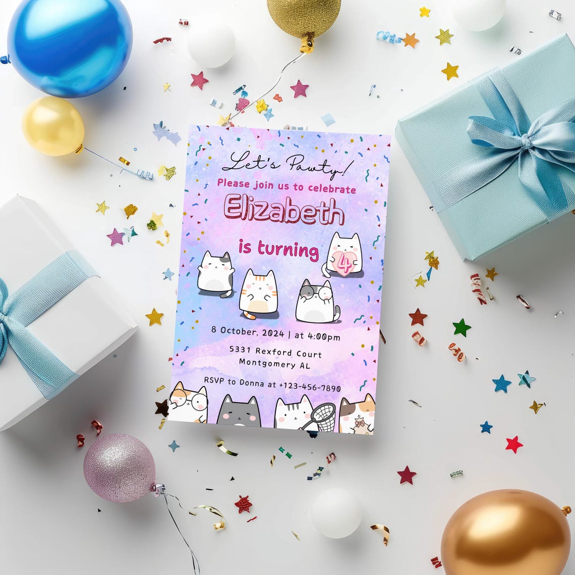 Cat Birthday Invitation Printable Kitten Cute Cat Lets Pawty Invite for ...