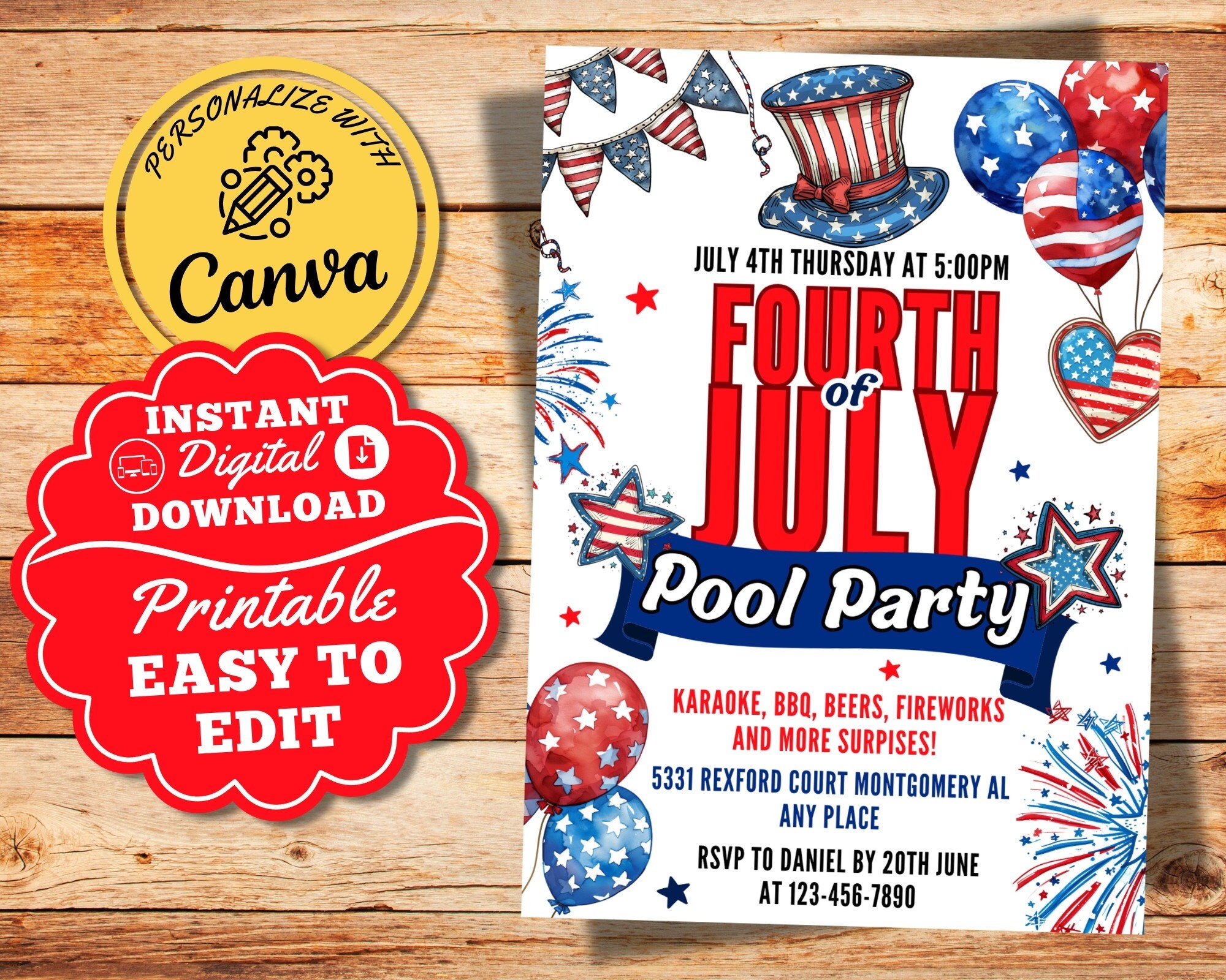 4th of July Pool Party Invitation Independence Day Swim Karaoke BBQ ...