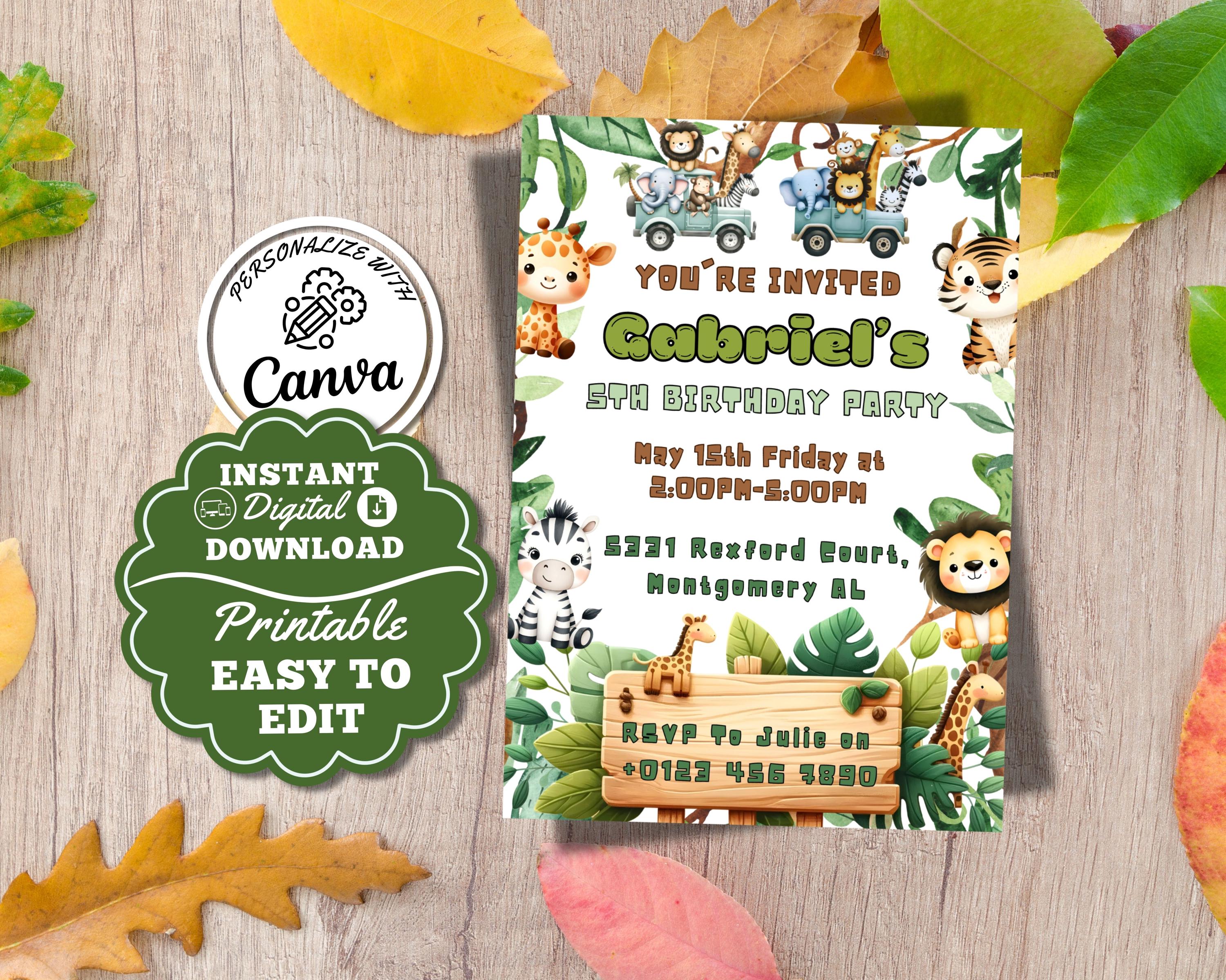 Safari Birthday Party Invitation Jungle Animals Birthday Invitation ...