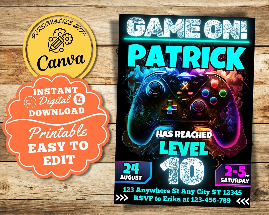 Video Game Party Invitation Editable Gaming Neon Blue Birthday ...