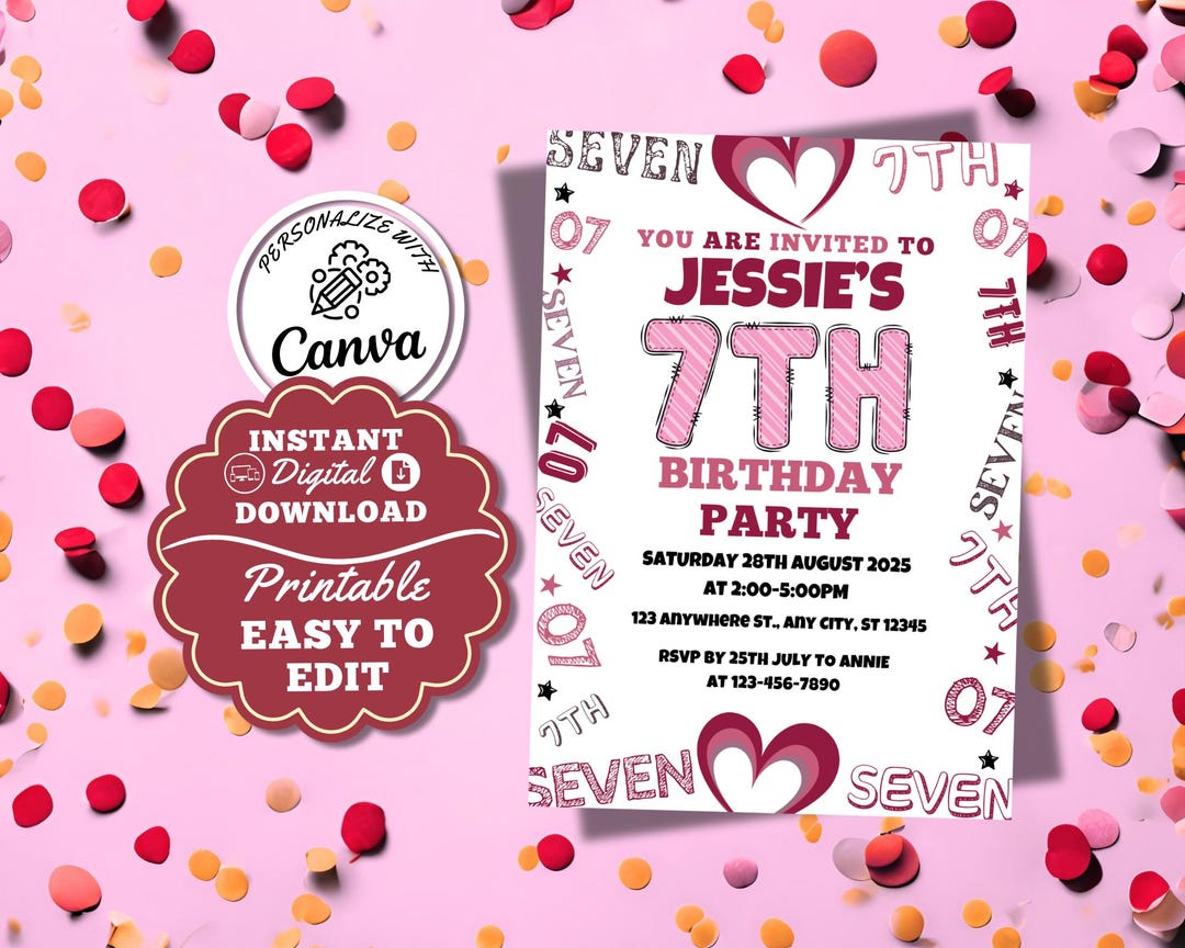 7th Pink Birthday Invitation Girl 7th Birthday Invite for Girl Seventh ...