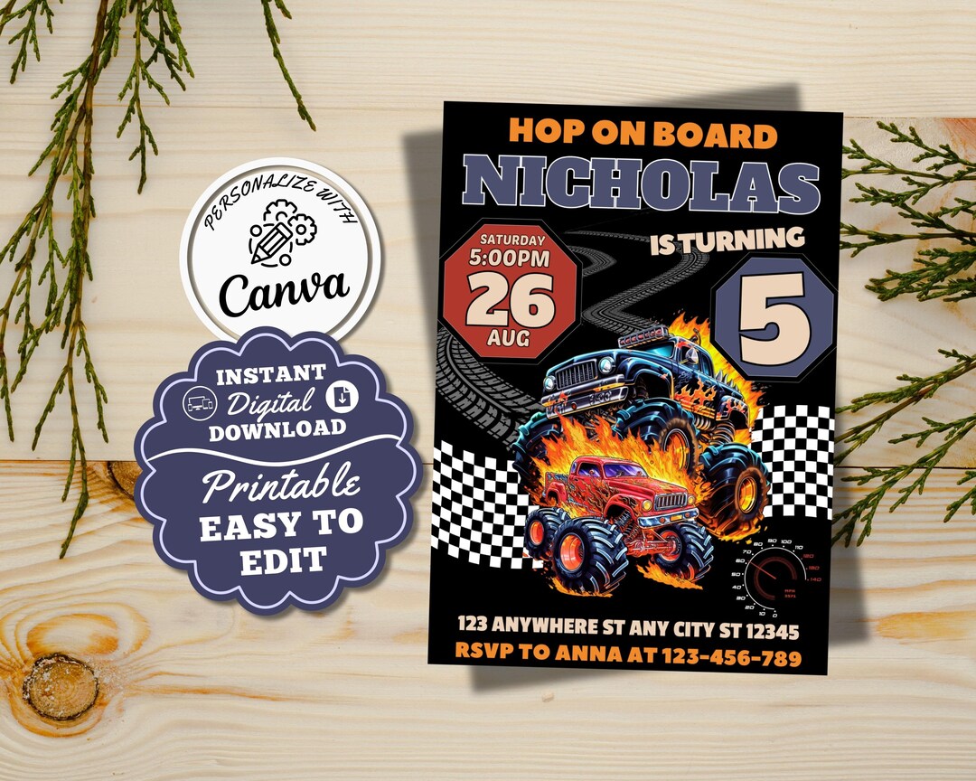 Monster Truck Rally Birthday Party Invitation Burning Monster Jam ...