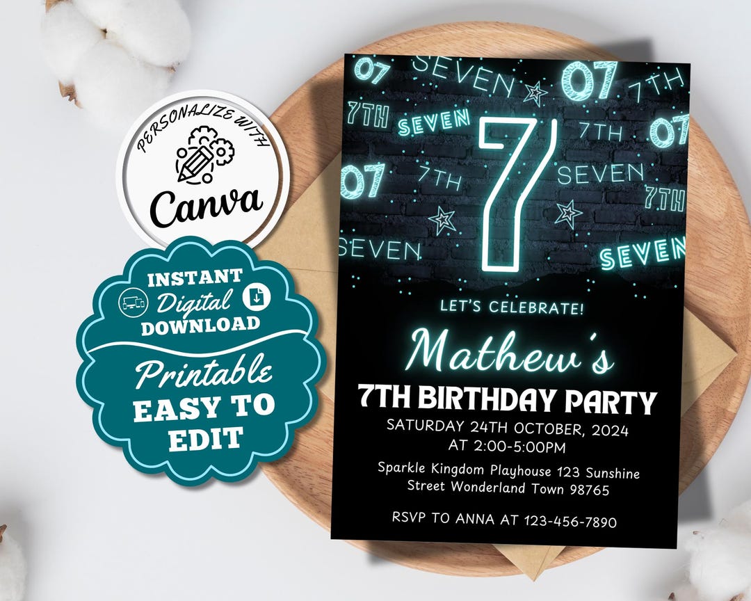 7th Neon Birthday Invitation Boy Birthday Invitation Neon Blue Glow ...