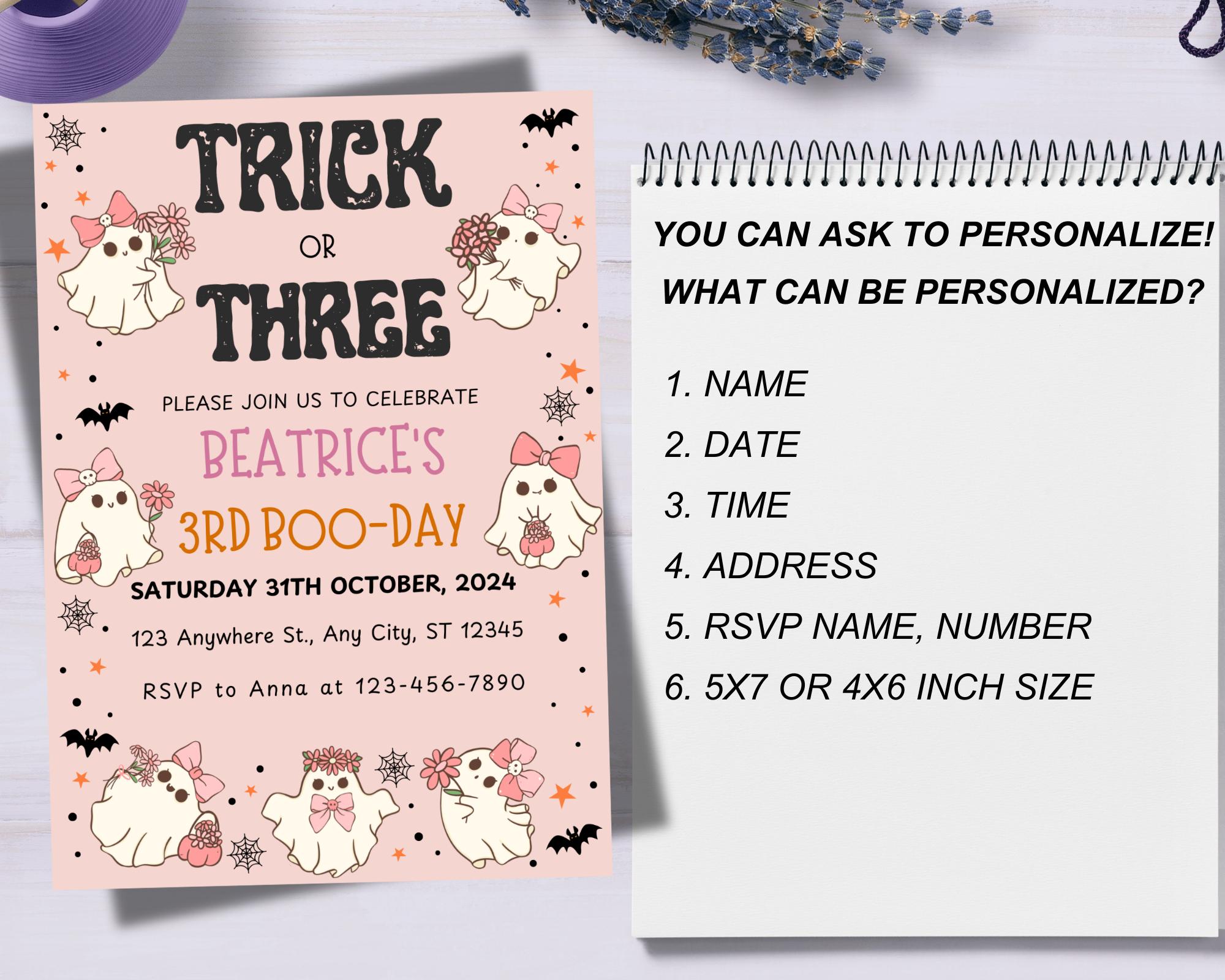 Trick or Three Halloween Ghost 3rd Birthday Party Invitation Cute Pink ...